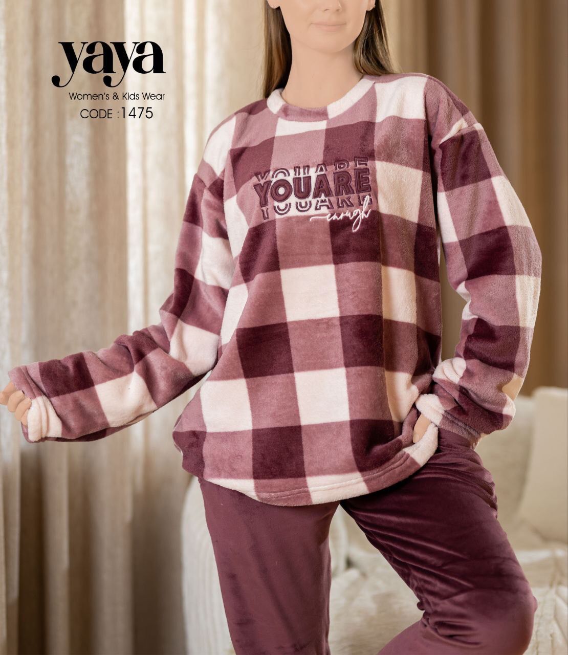 بيجامة شتوي بتصميم كاروهات مميزة من يايا 1475 You Are Enough | Pyjamty - Pyjamty